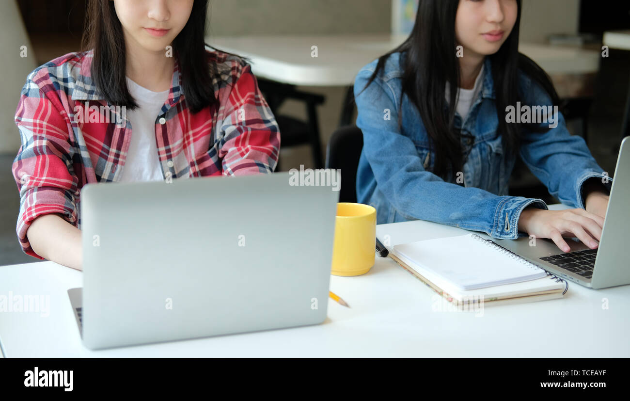 girl teenager college high school student studying with computer laptop ...