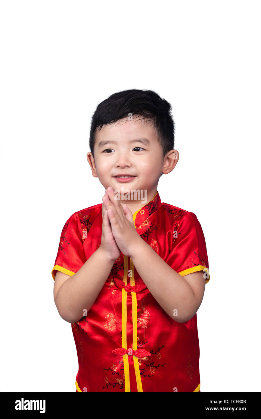 Chinese New Year Concept, Cute Asian boy in red traditional Chinese ...