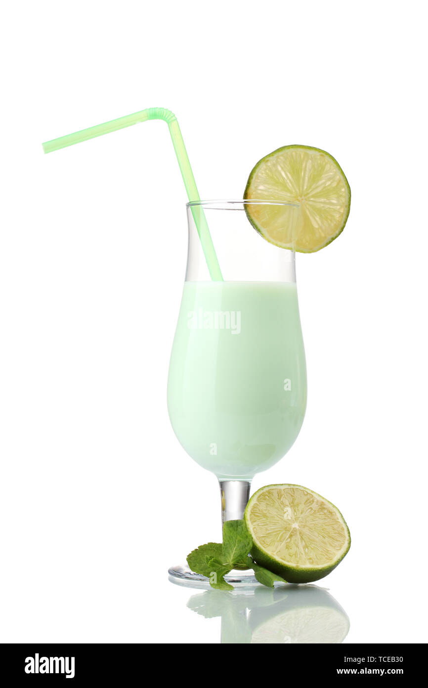 Milk shake with lime and mint isolated on white Stock Photo - Alamy