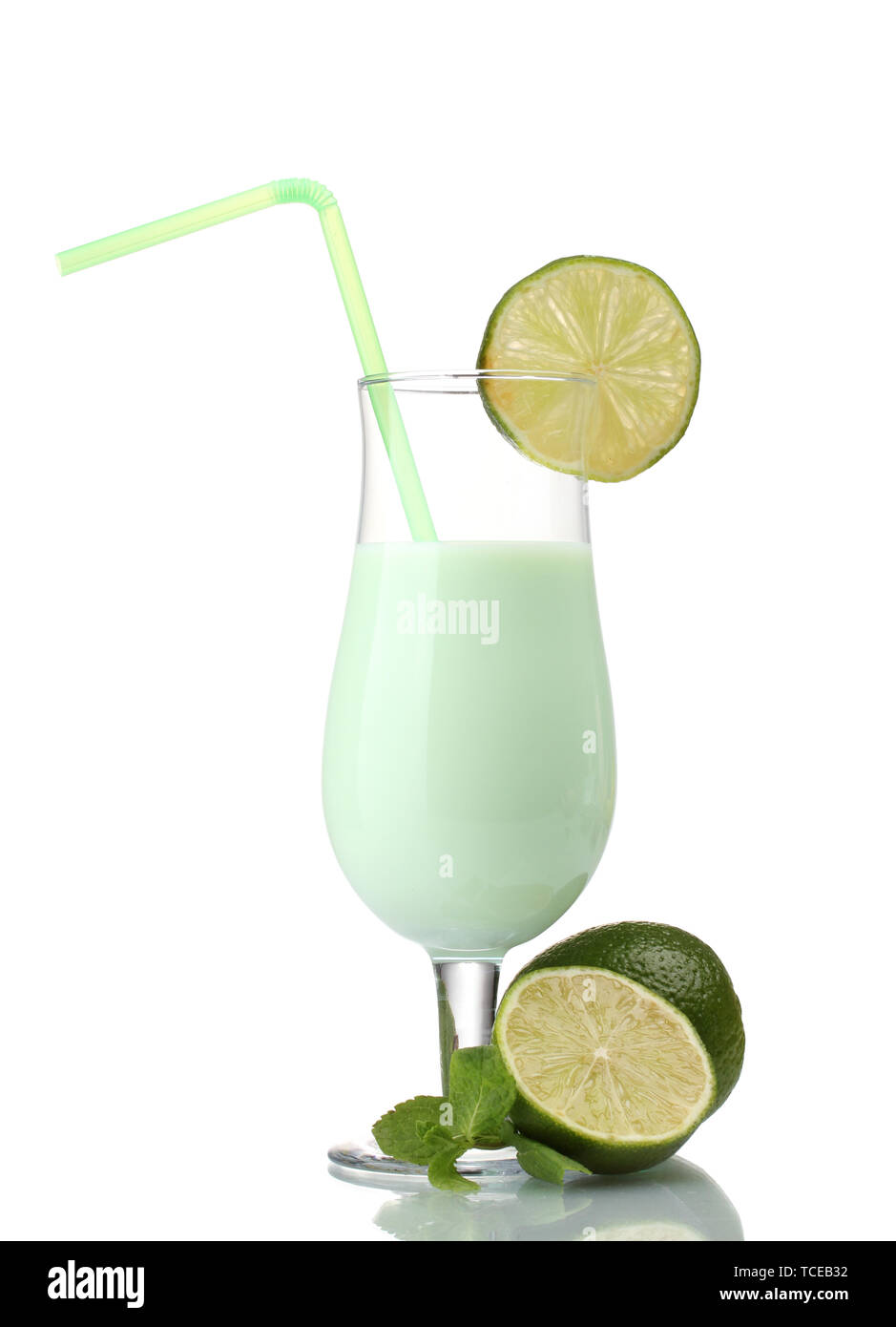 Milk shake with lime and mint isolated on white Stock Photo - Alamy