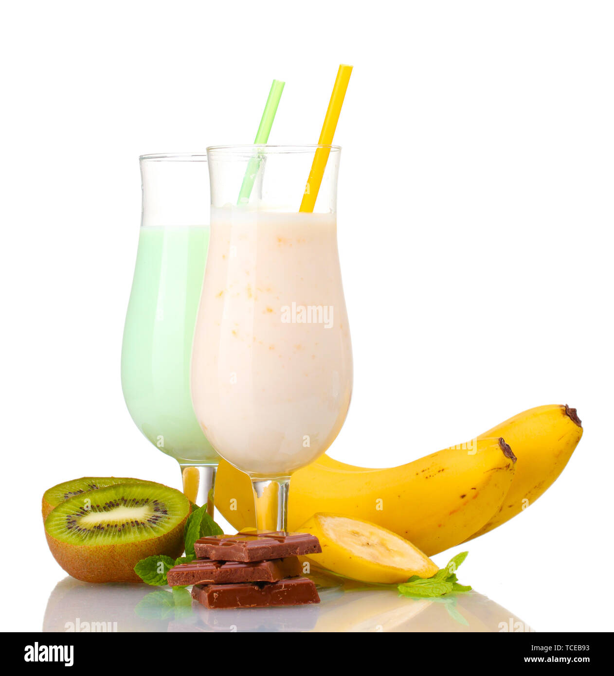 Milk shakes with fruits isolated on white Stock Photo - Alamy
