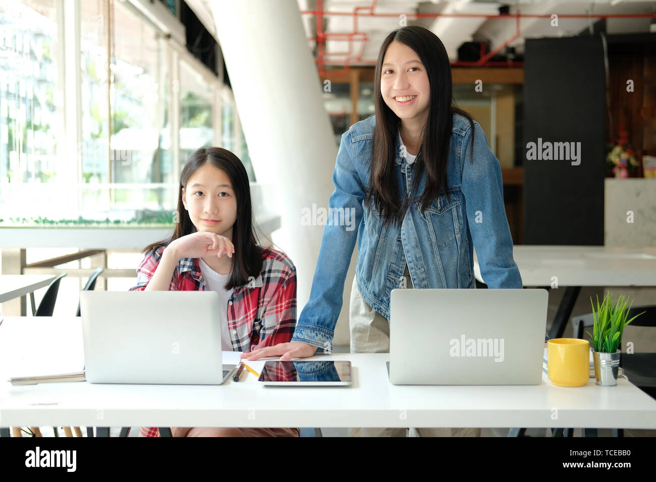 girl teenager college high school student studying with computer laptop ...