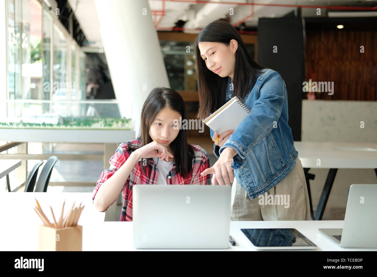 girl teenager college high school student studying with computer laptop ...