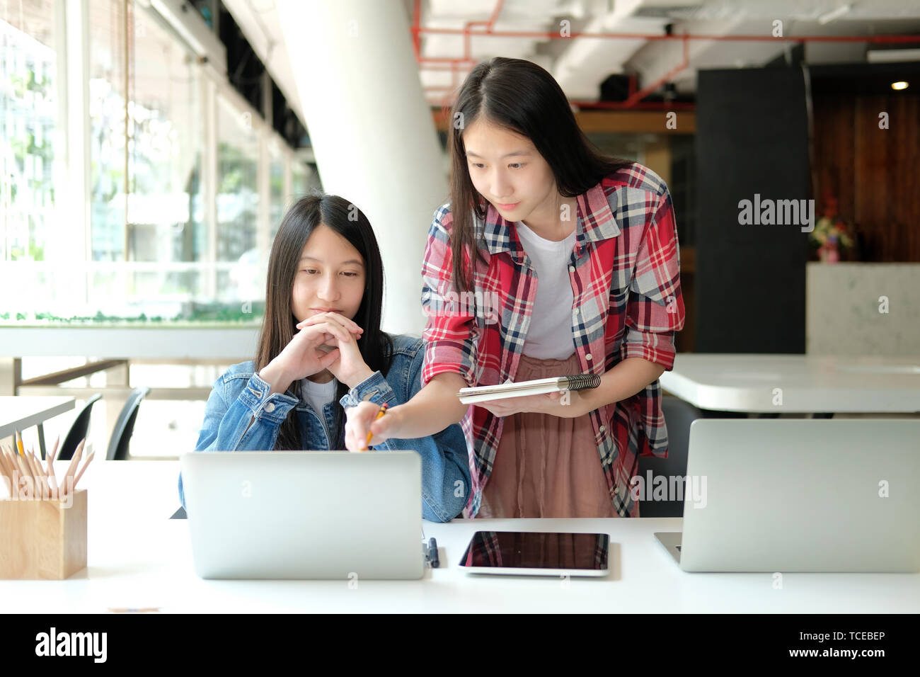 girl teenager studying with computer laptop. college high school ...