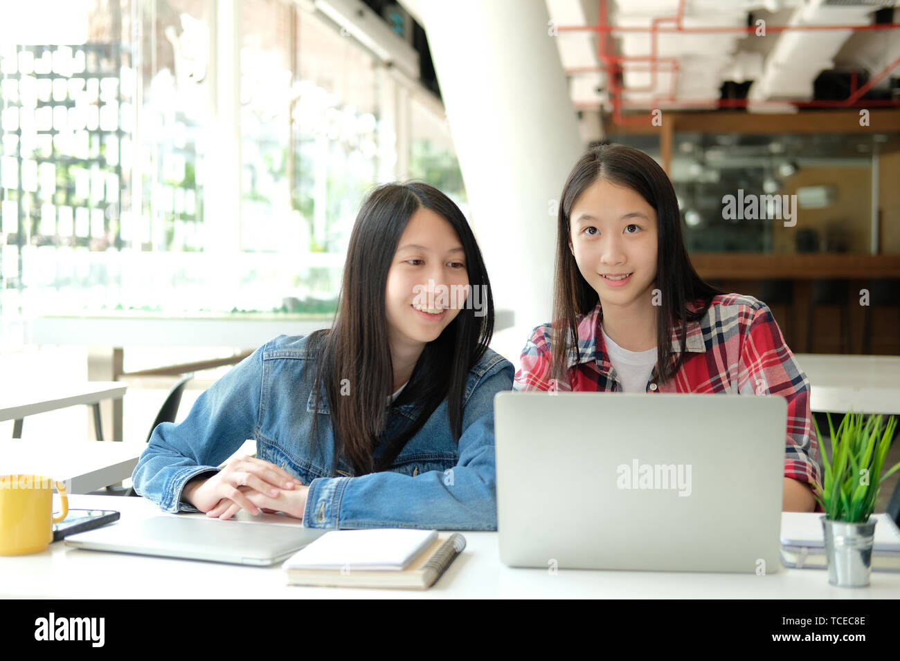 girl teenager college high school student studying with computer laptop ...