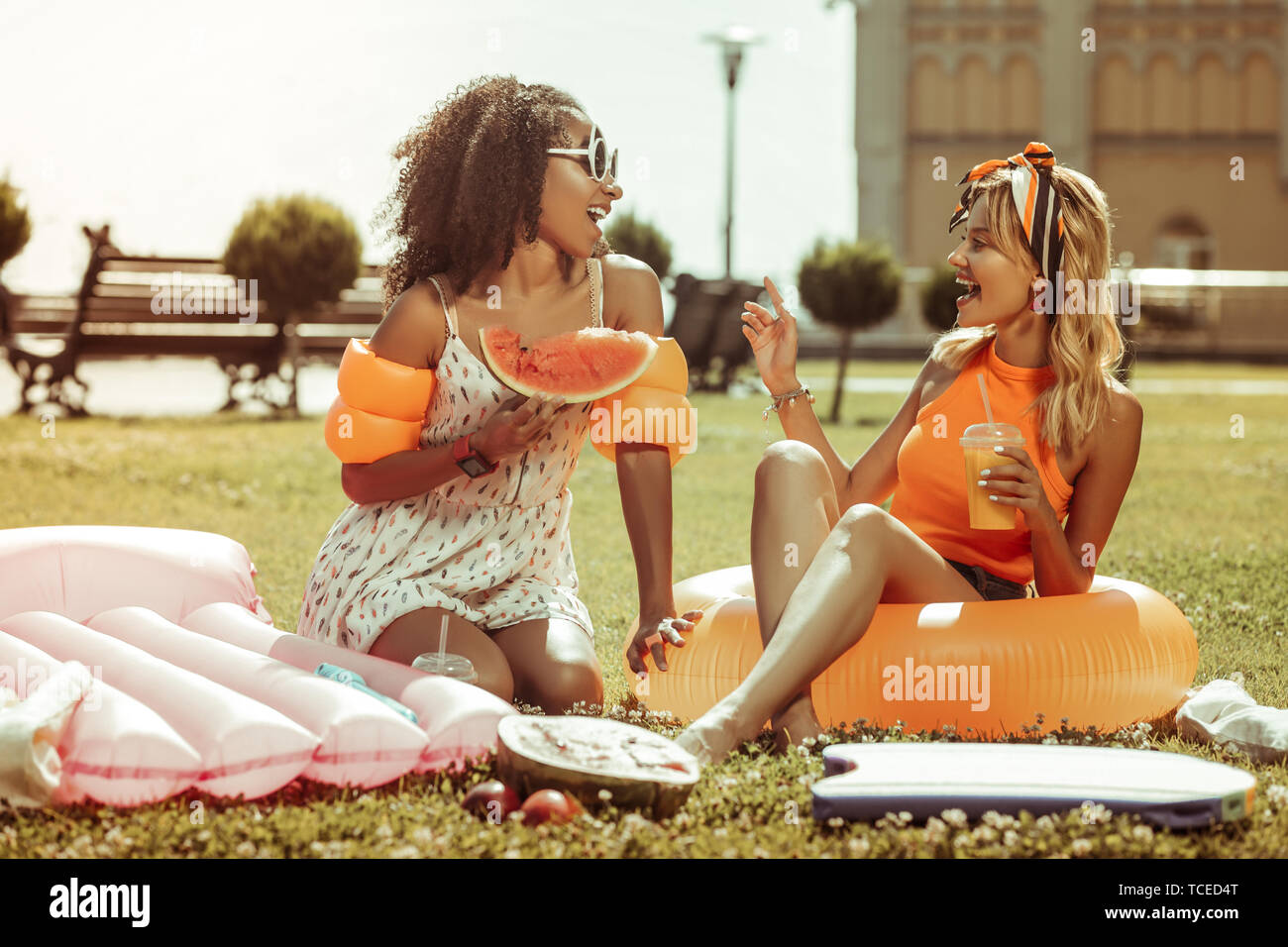 Talking with friends. Afro-American happy alluring nice-looking lady ...