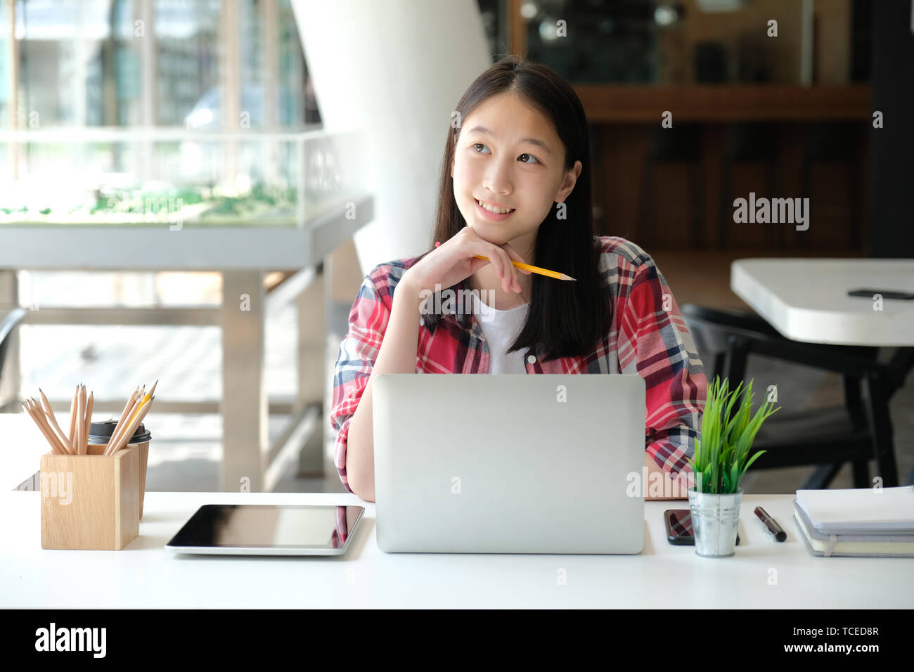 girl teenager college high school student studying with computer laptop ...