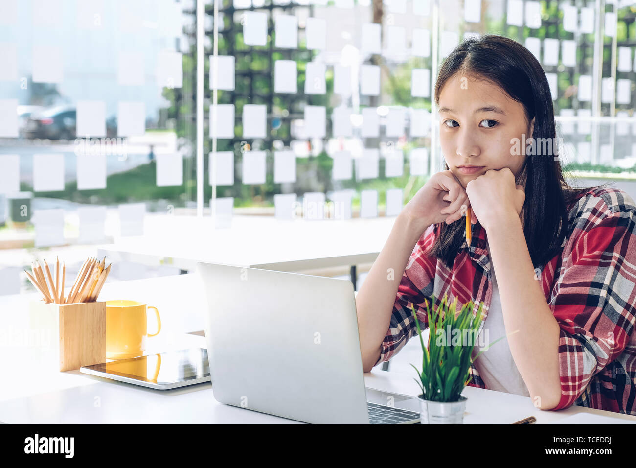 girl teenager college high school student studying with computer laptop ...