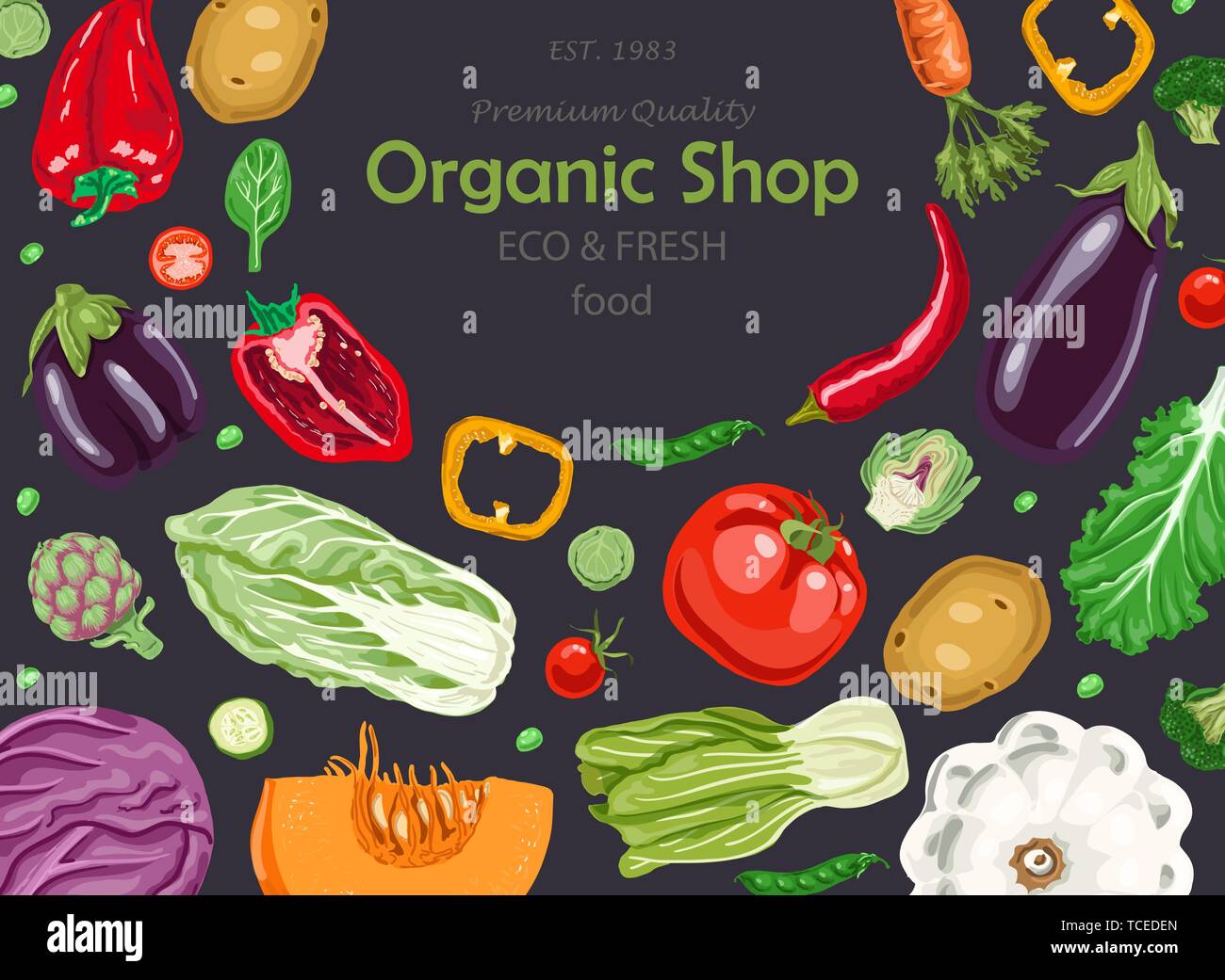 Horizontal background with vegetables. Farmers market menu design ...