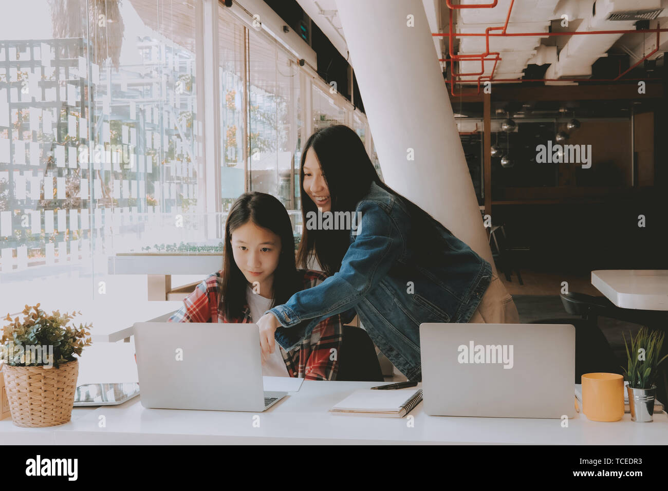 girl teenager college high school student studying with computer laptop ...