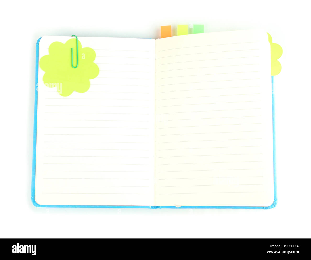 Open note book with stickies isolated on white Stock Photo - Alamy