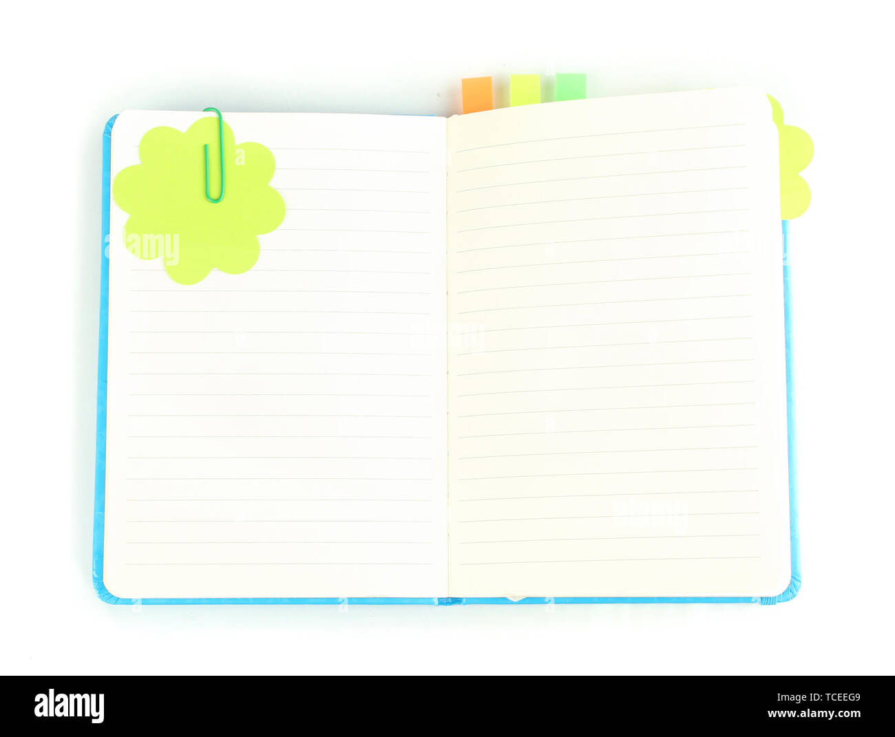 Open note book with stickies isolated on white Stock Photo - Alamy