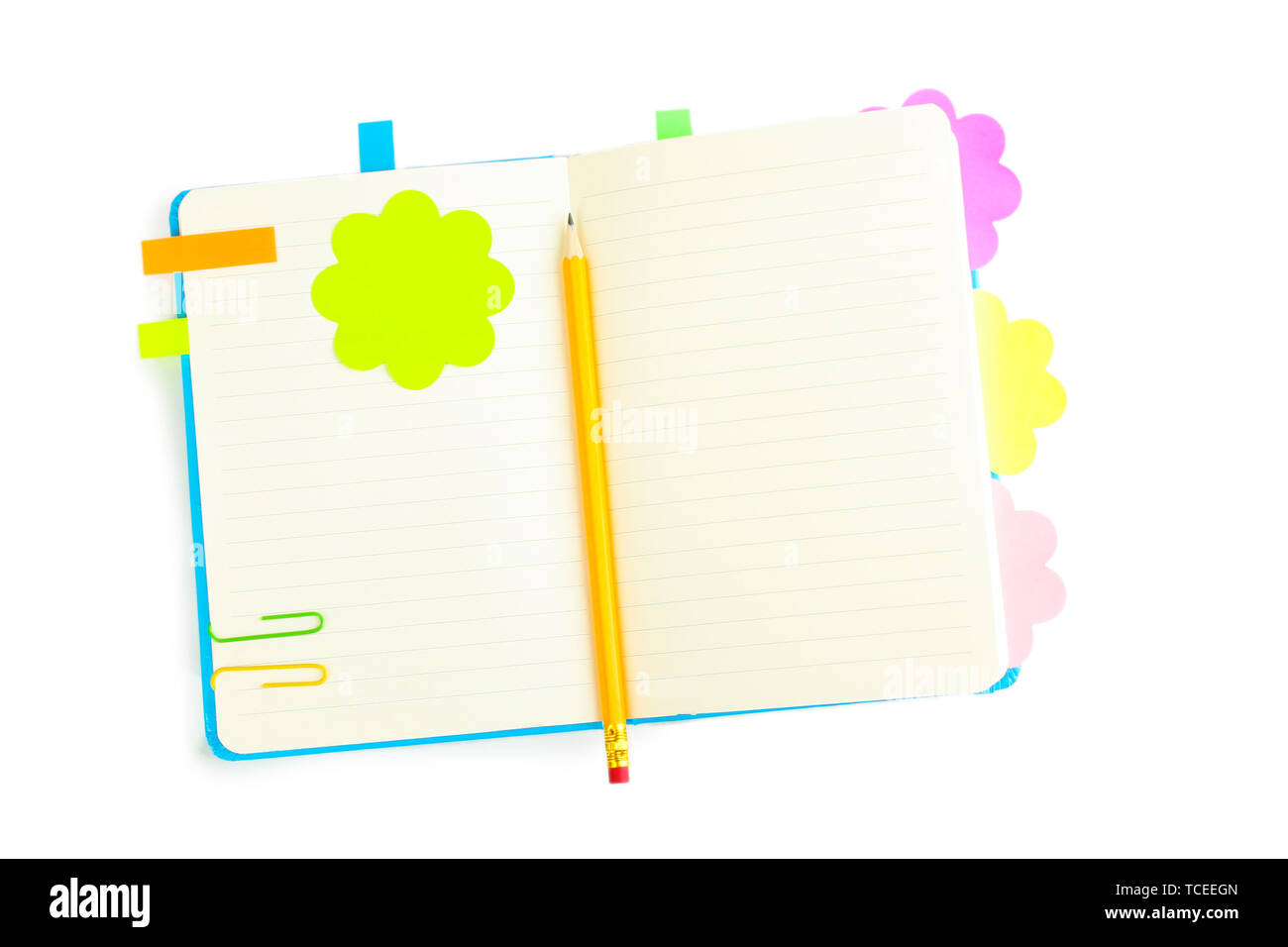 Open note book with stickies and pencil isolated on white Stock Photo ...