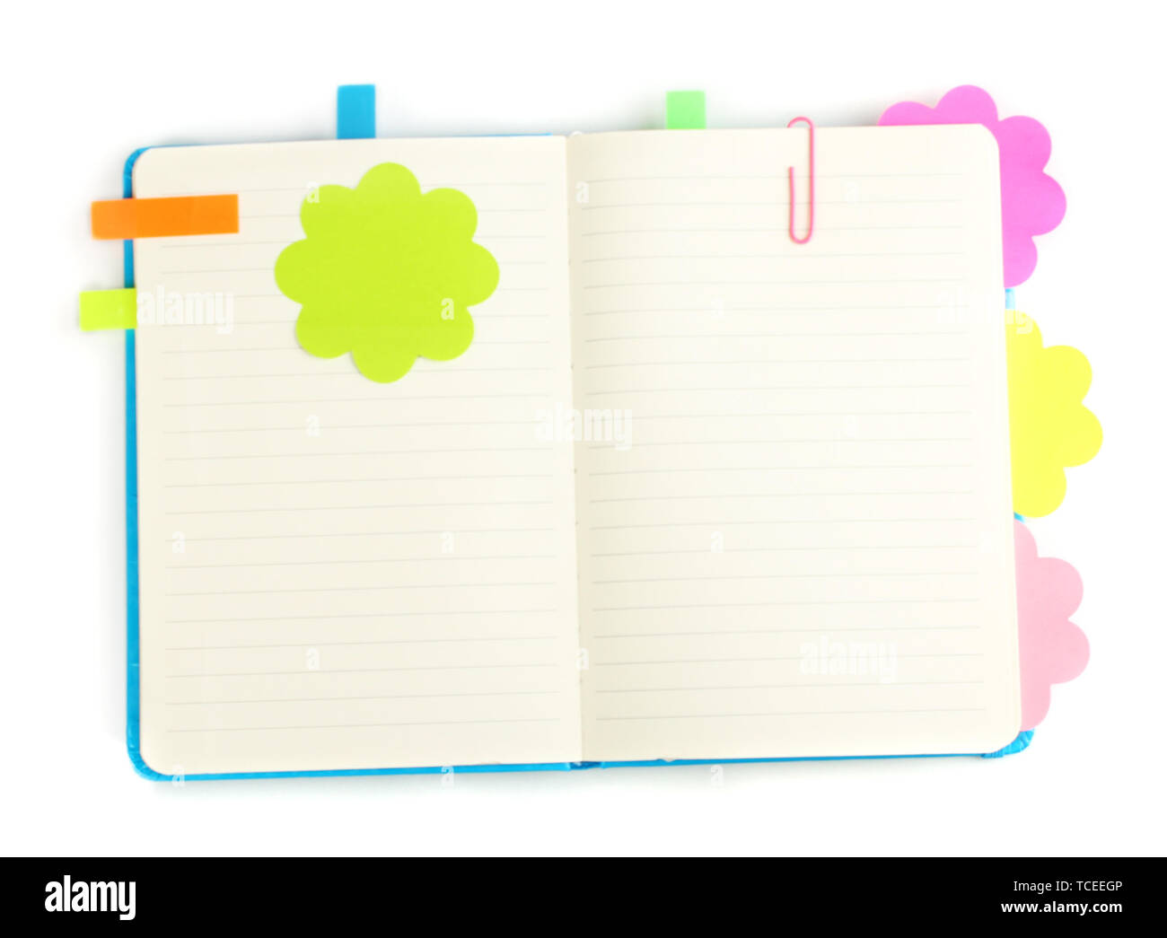 Open note book with stickies isolated on white Stock Photo - Alamy