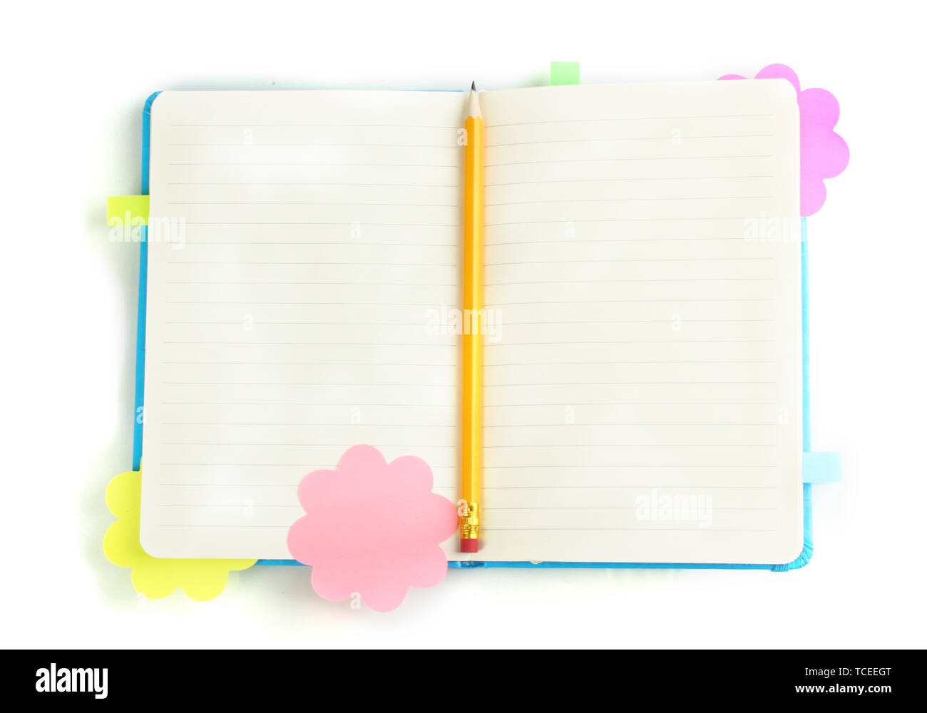 Open note book with stickies and pencil isolated on white Stock Photo ...