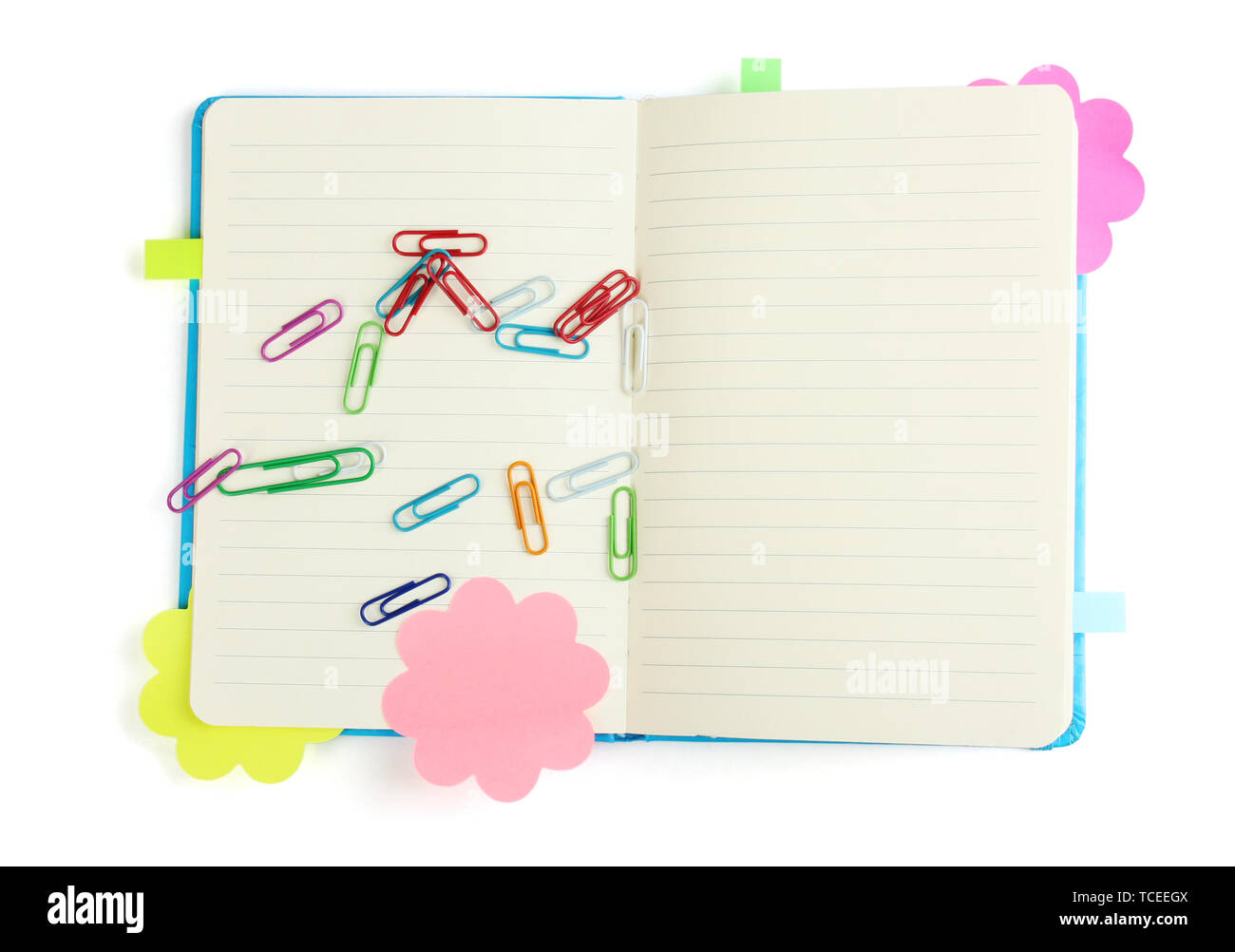 Open note book with stickies isolated on white Stock Photo - Alamy