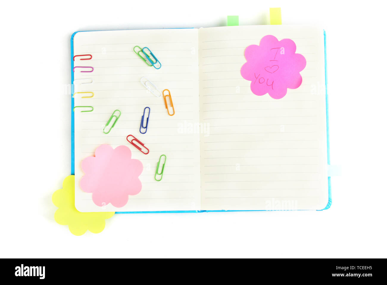 Open note book with stickies isolated on white Stock Photo - Alamy