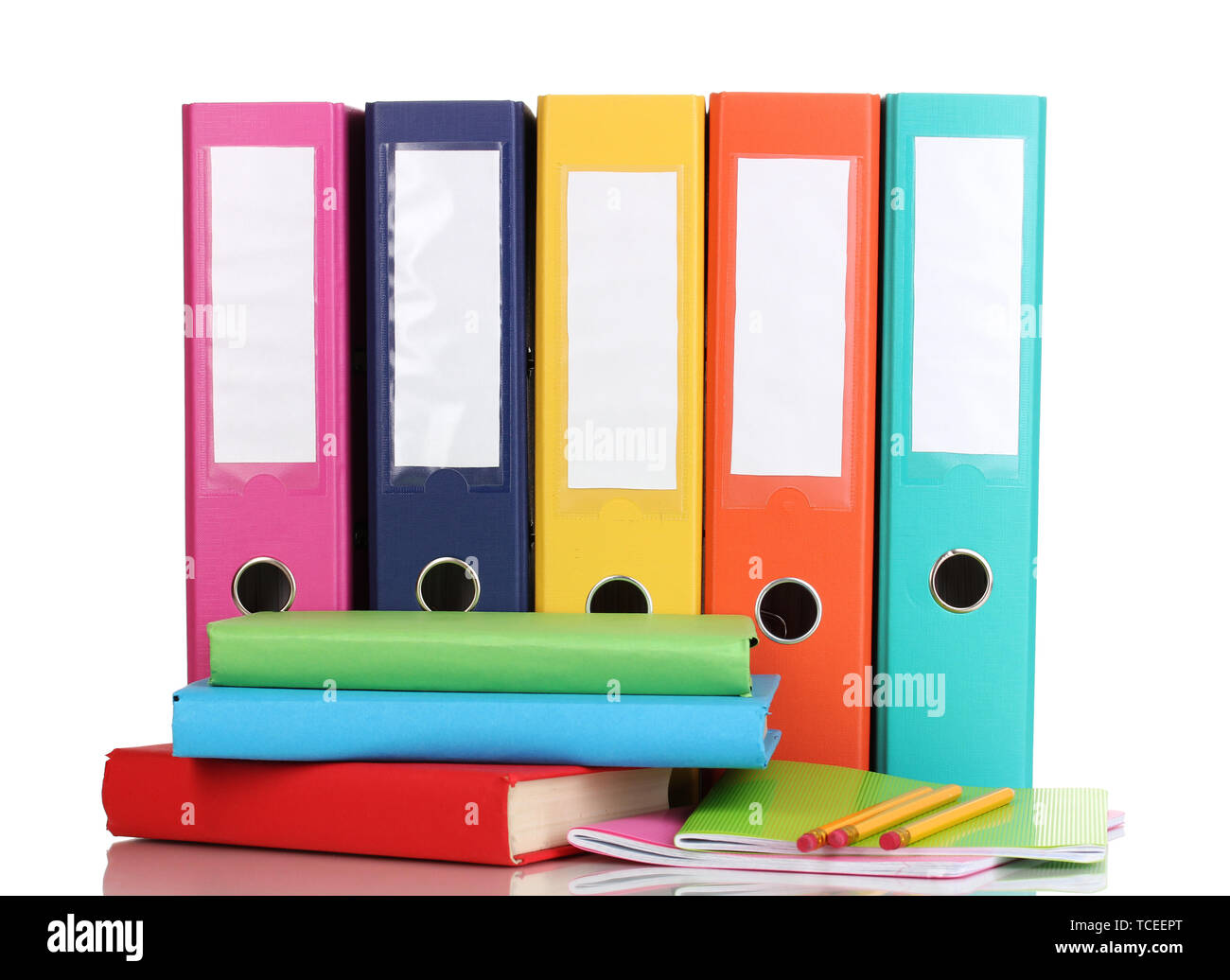 Bright office folders and books with stationery isolated on white Stock ...