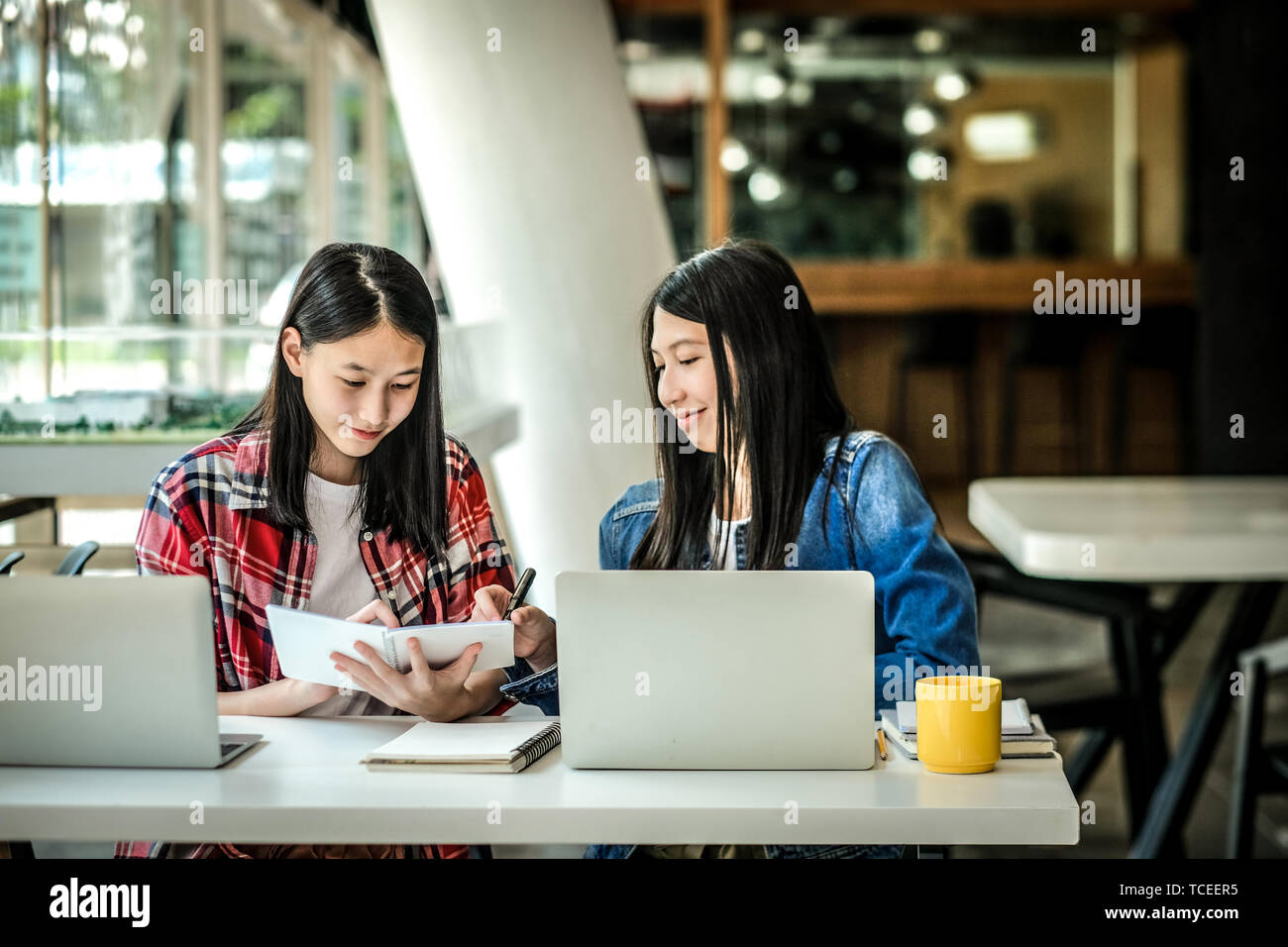 girl teenager studying with computer laptop. college high school ...