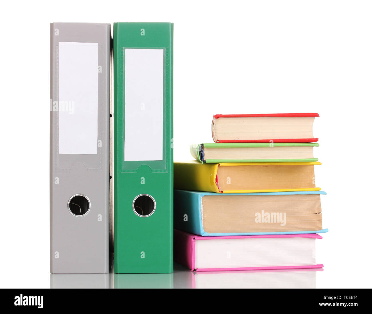Bright office folders and books isolated on white Stock Photo - Alamy