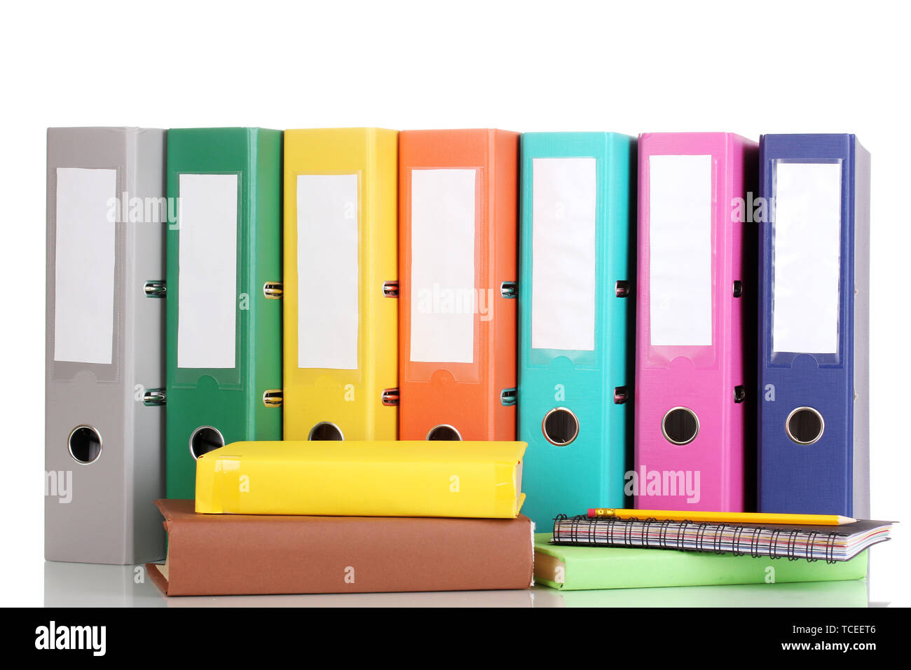 Bright office folders and books with stationery isolated on white Stock ...