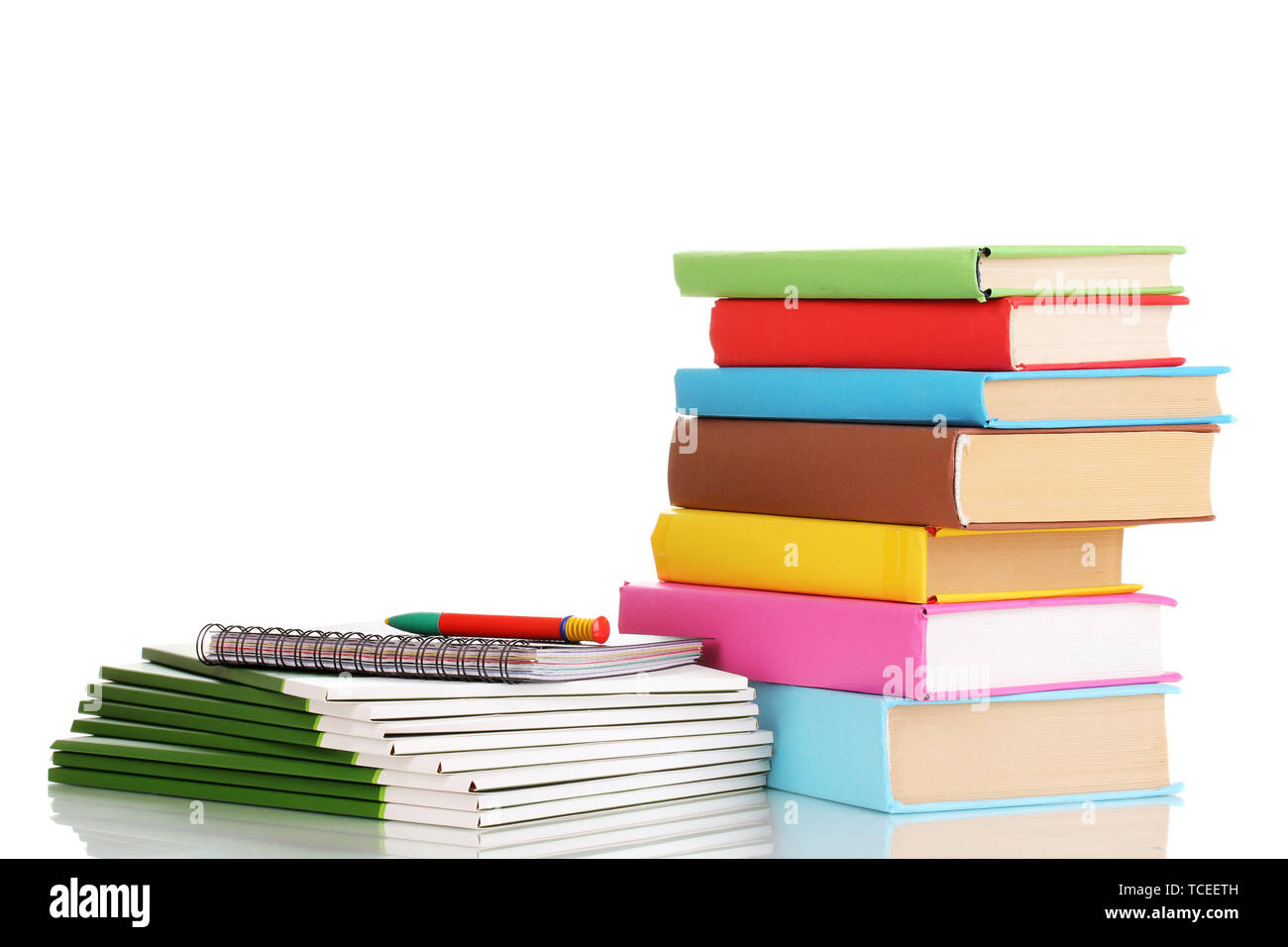 Bright office folders and books with stationery isolated on white Stock ...