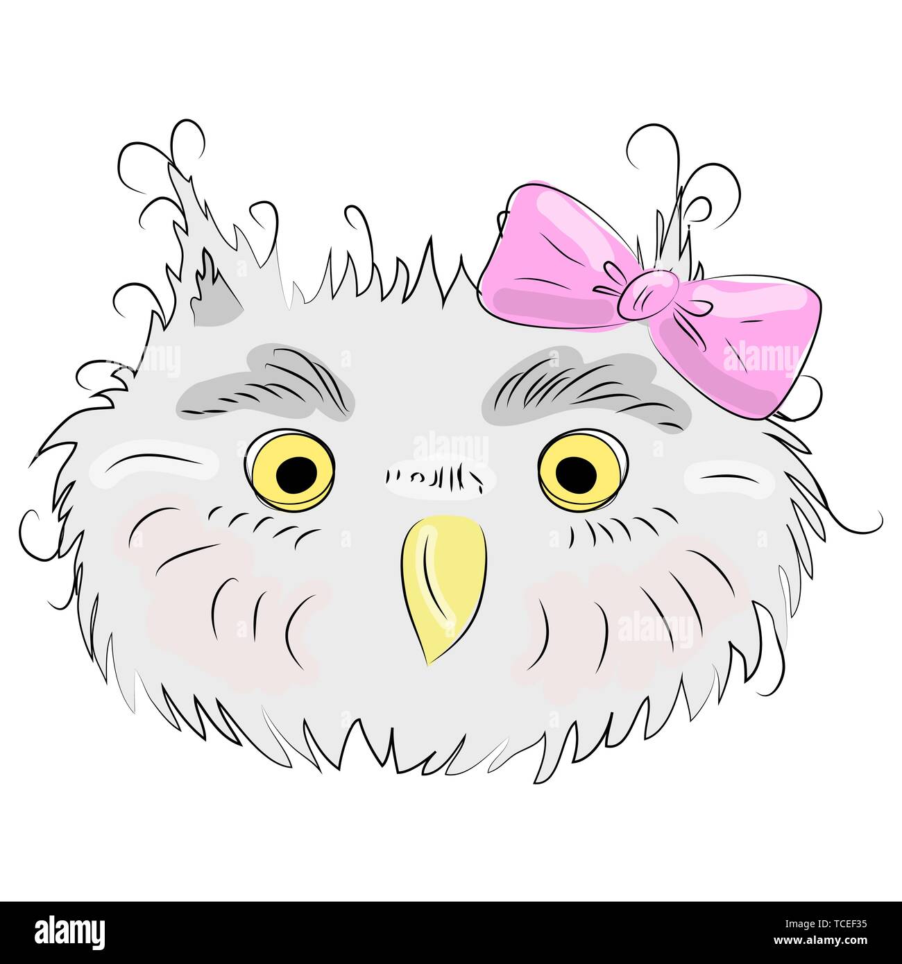 Cute owl face in a floral frame with a bow, owl, design, trendy, gray ...
