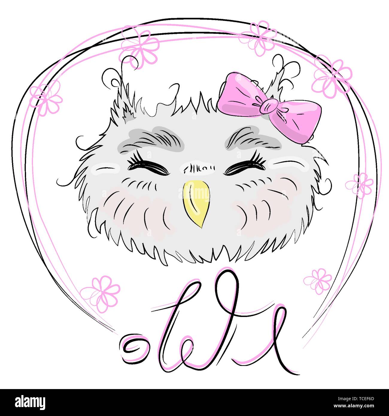 Cute owl face in a floral frame with a bow, owl, design, trendy, gray ...