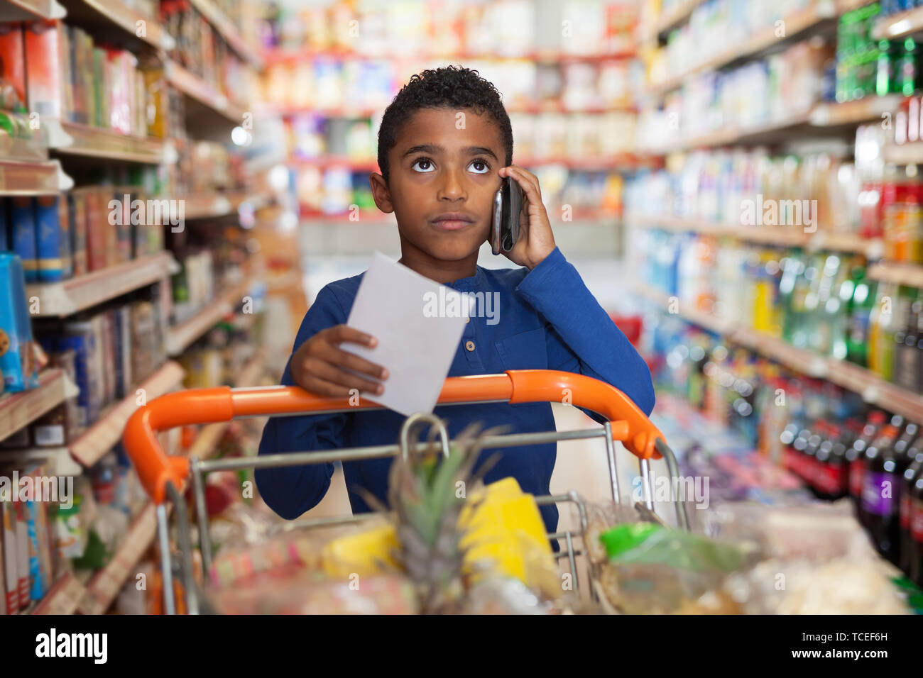 African American preteen boy buying food goods with shopping list and ...