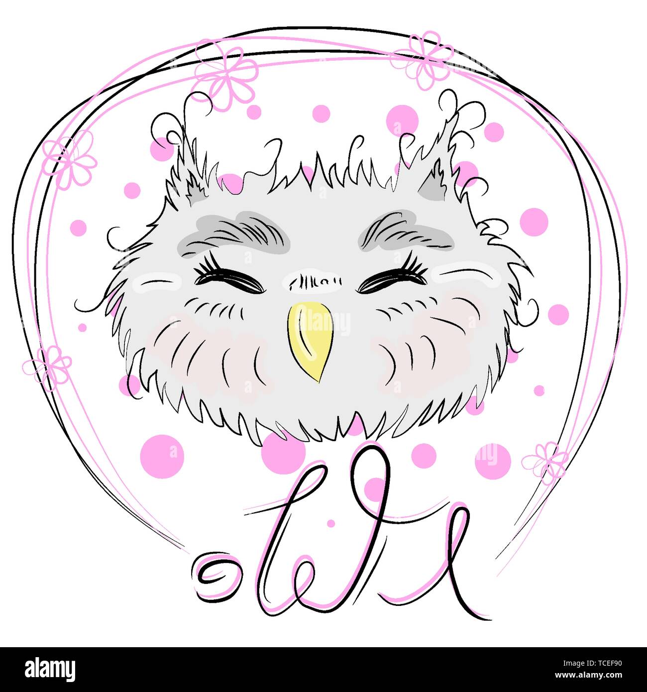 Cute owl face in a floral frame with a bow, owl, design, trendy, gray ...