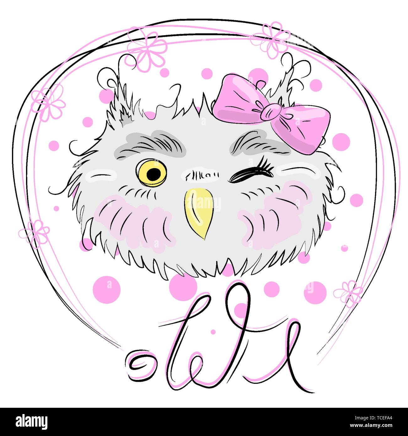 Cute owl face in a floral frame with a bow, owl, design, trendy, gray ...