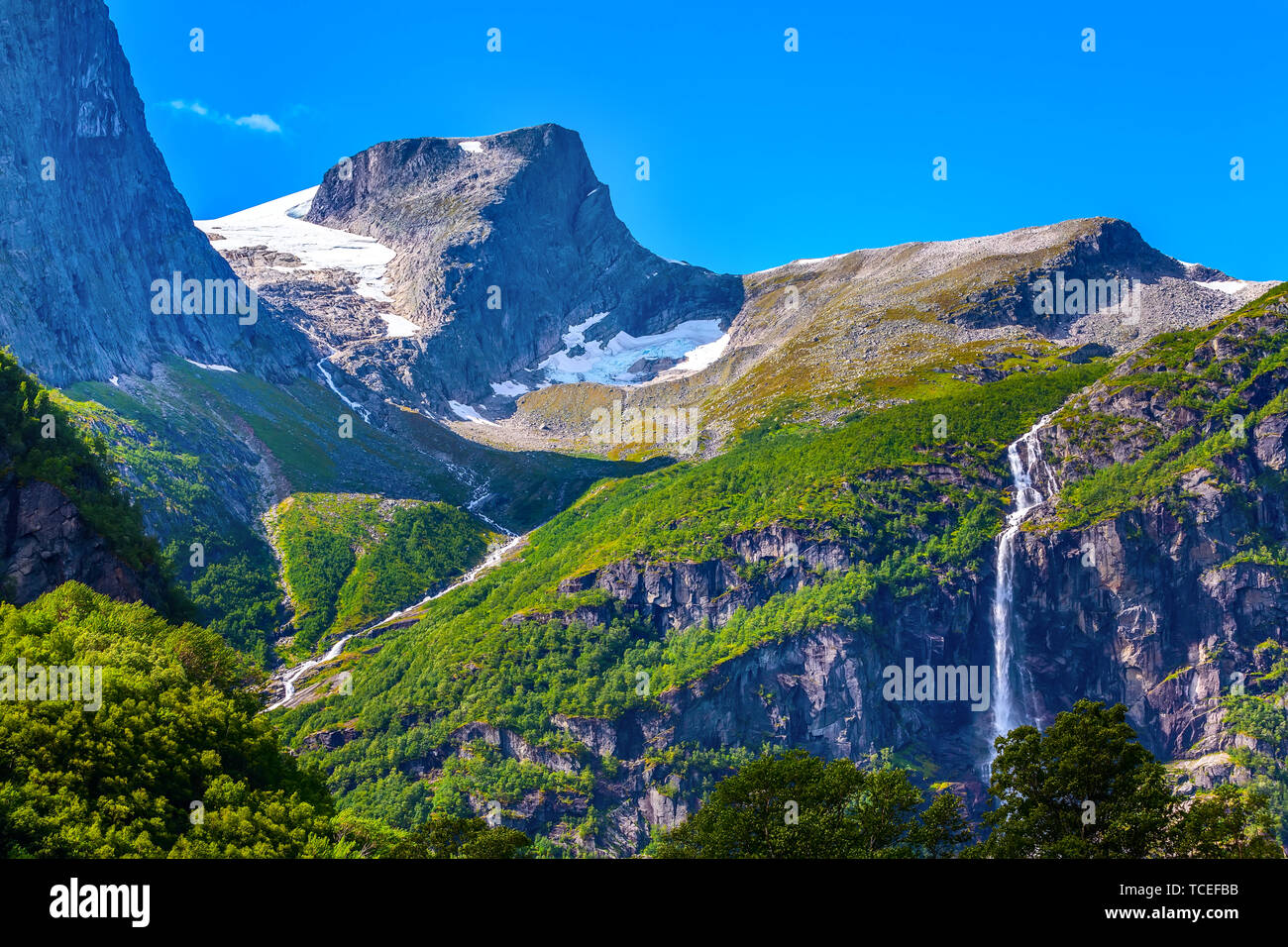 Pathway to Briksdal or Briksdalsbreen glacier in Olden, Norway with ...