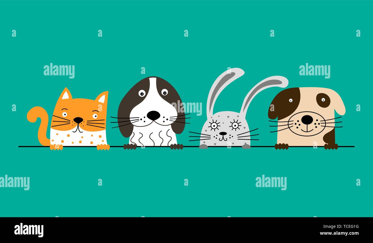 Funny dogs, cute cat and rabbit are best friends. Vector illustration ...