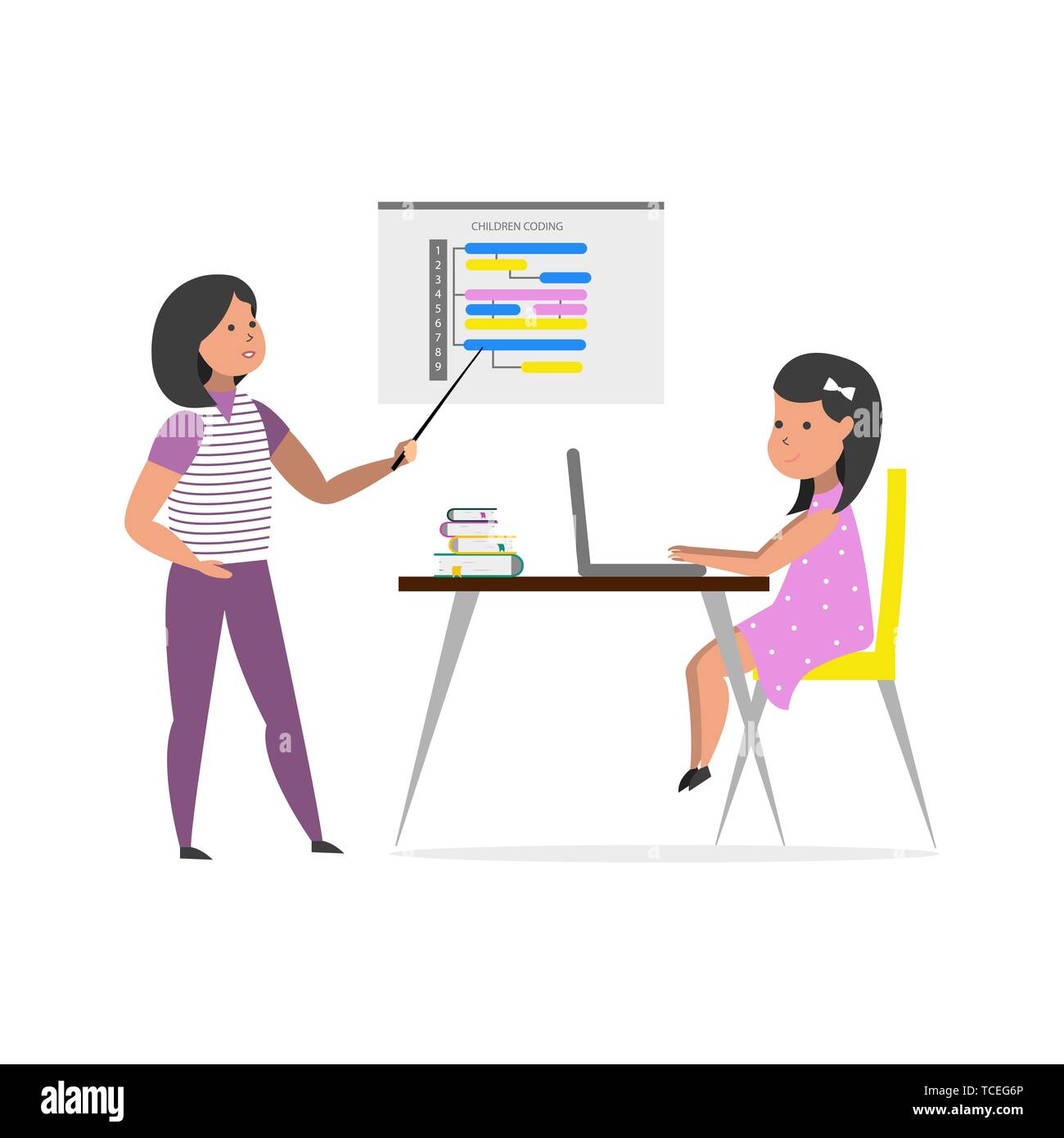 Small girl sitting in front of her laptop computer and listen teacher ...