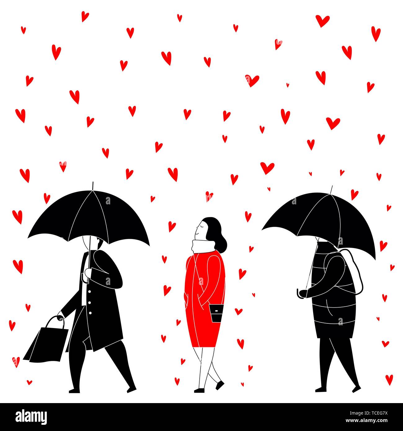 Happy woman under the red hearts rain. Love concept. Vector ...