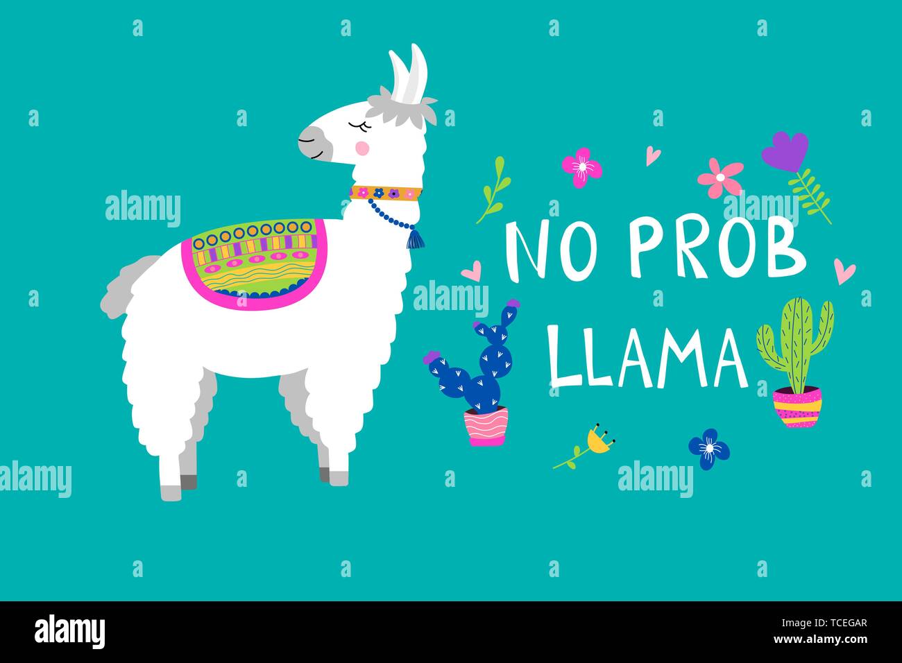 Cute llama card with No PROB LLAMA motivational quote. Cartoon alpaca ...