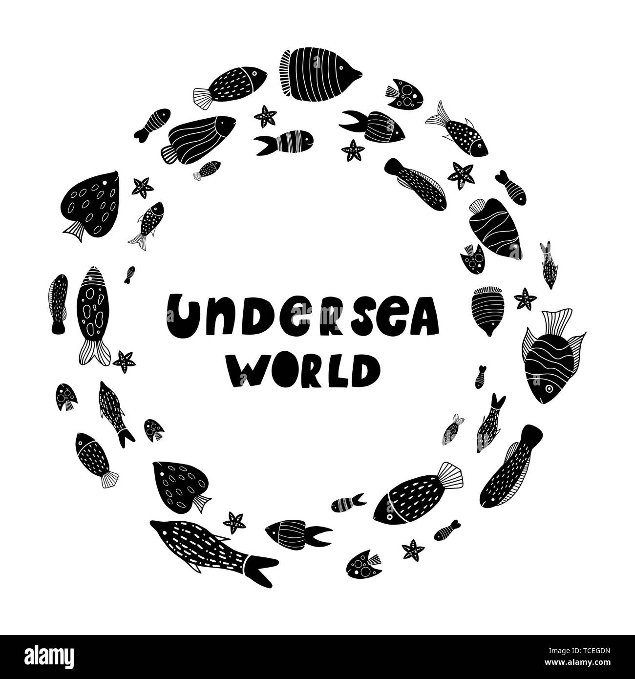 Set of fish swimming in a circle. Doodle style. Vector illustration ...