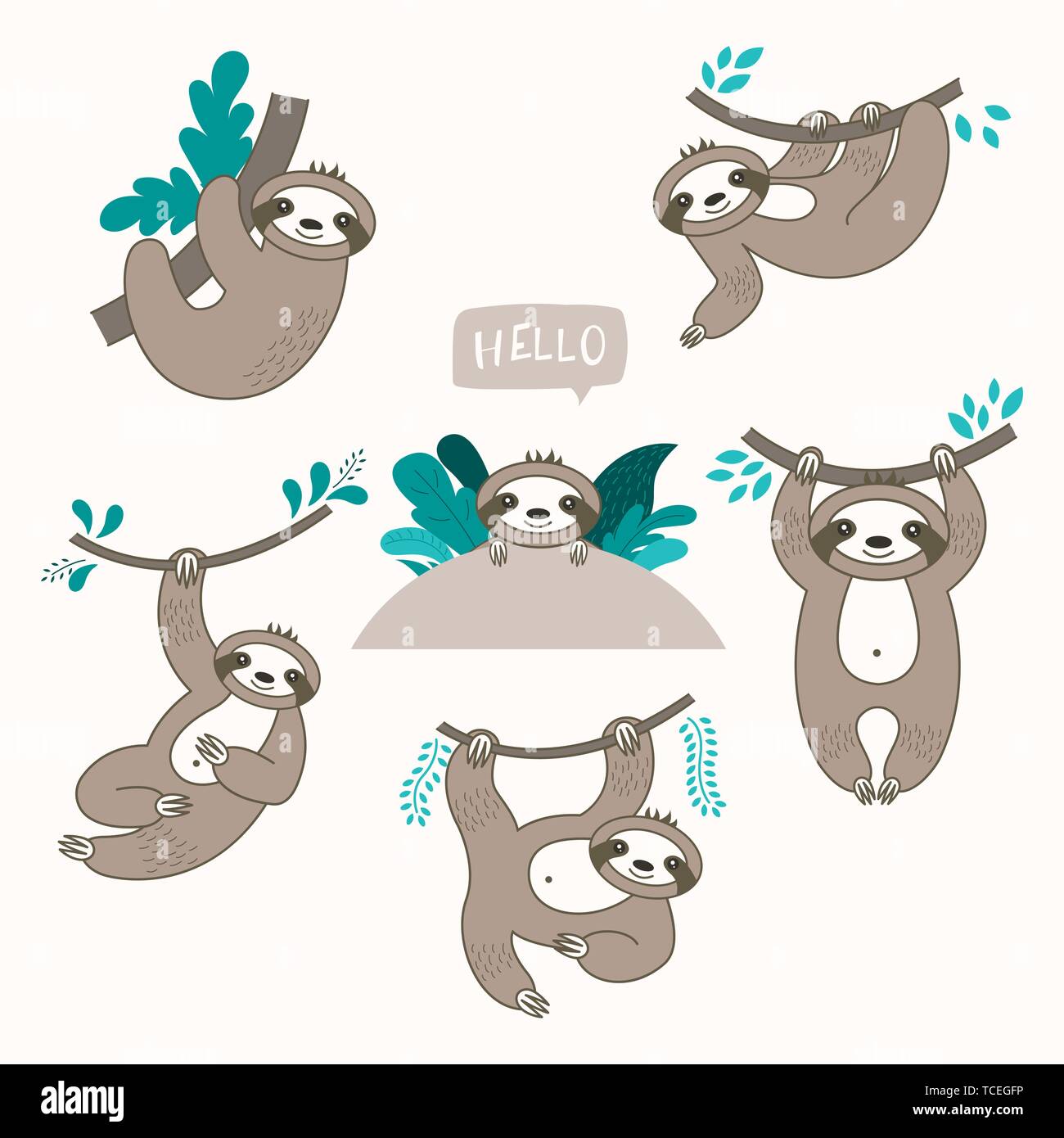 Vector set of cute sloths in different positions. Cartoon funny kawaii ...