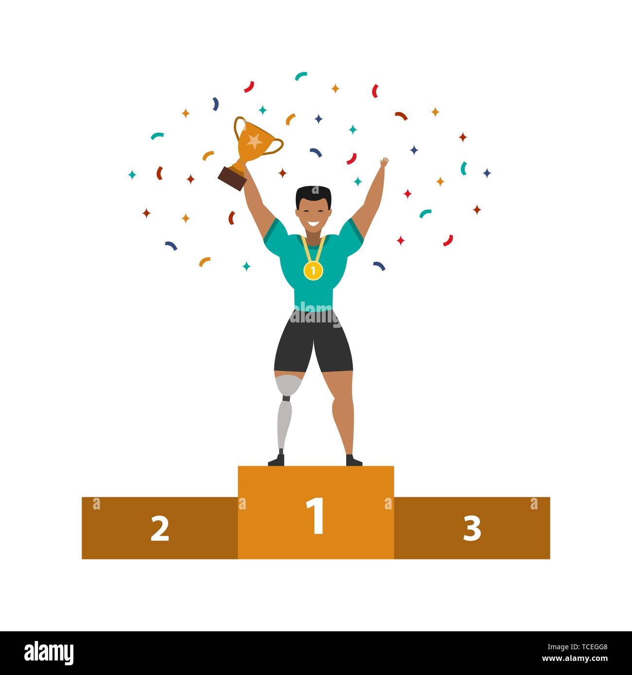 Sportsman With Prosthesis Leg Proudly Standing On The Winning Podium
