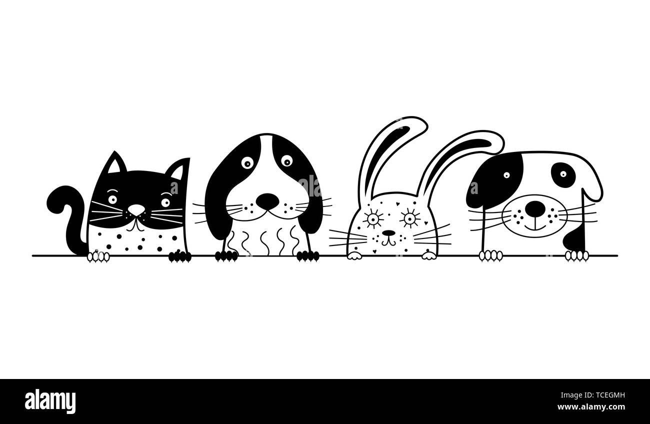 Funny dogs, cute cat and rabbit are best friends. Vector illustration ...