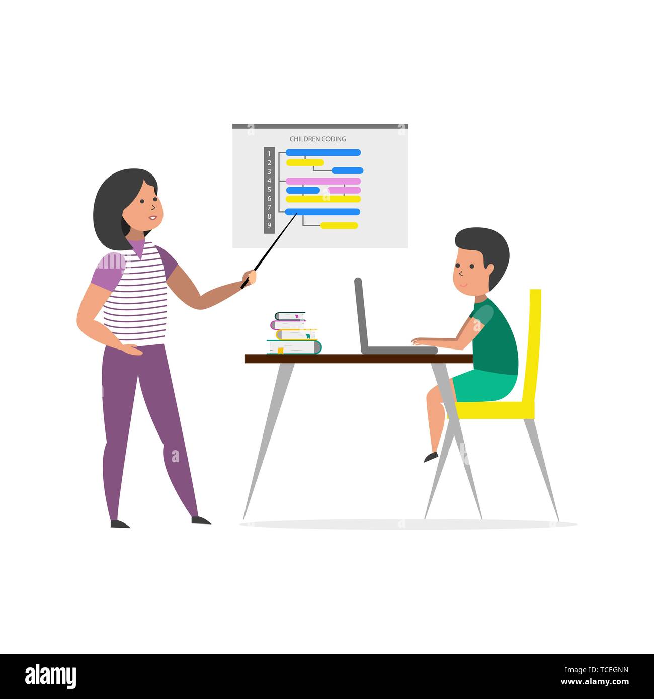 Small boy sitting in front of his laptop computer and listen teacher ...