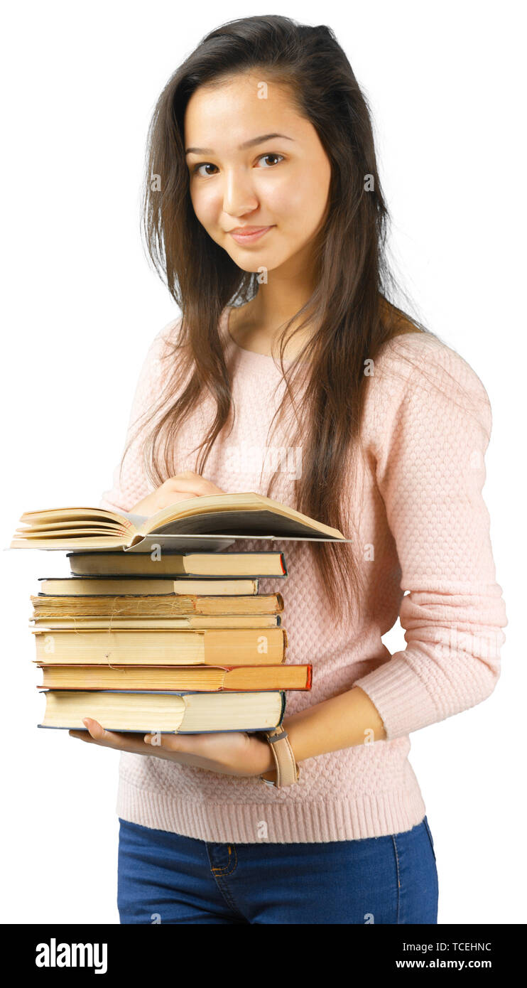 young girl with book isolated on a white background Stock Photo - Alamy