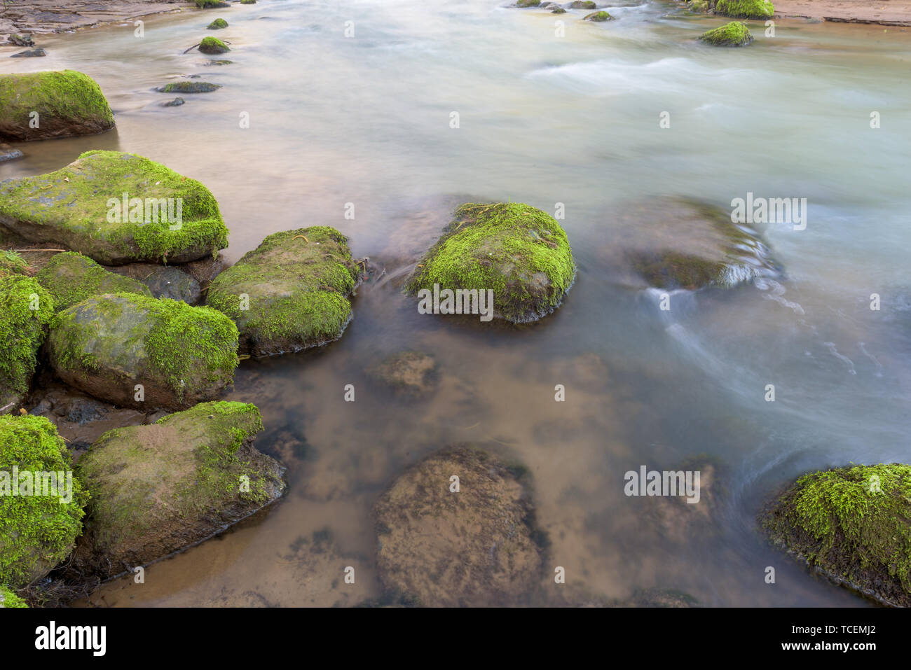 Shallow transparent river flowing on rocky surface with stones covered ...