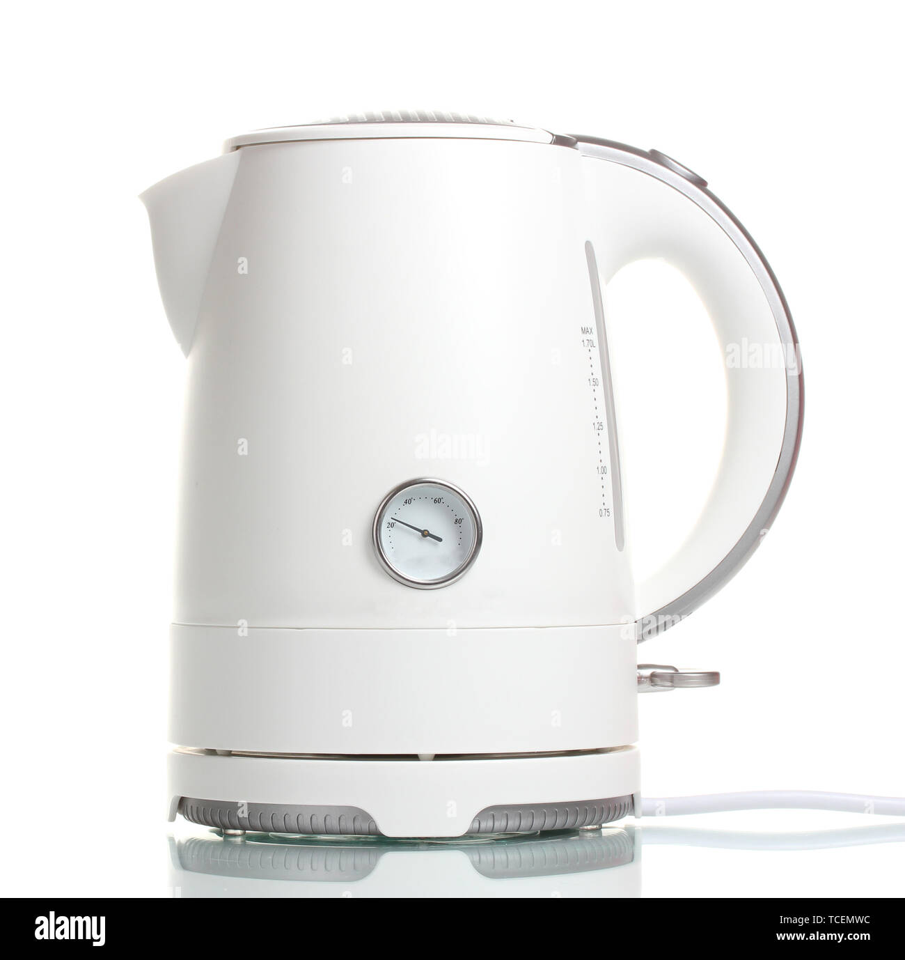 White electric kettle isolated on white Stock Photo - Alamy