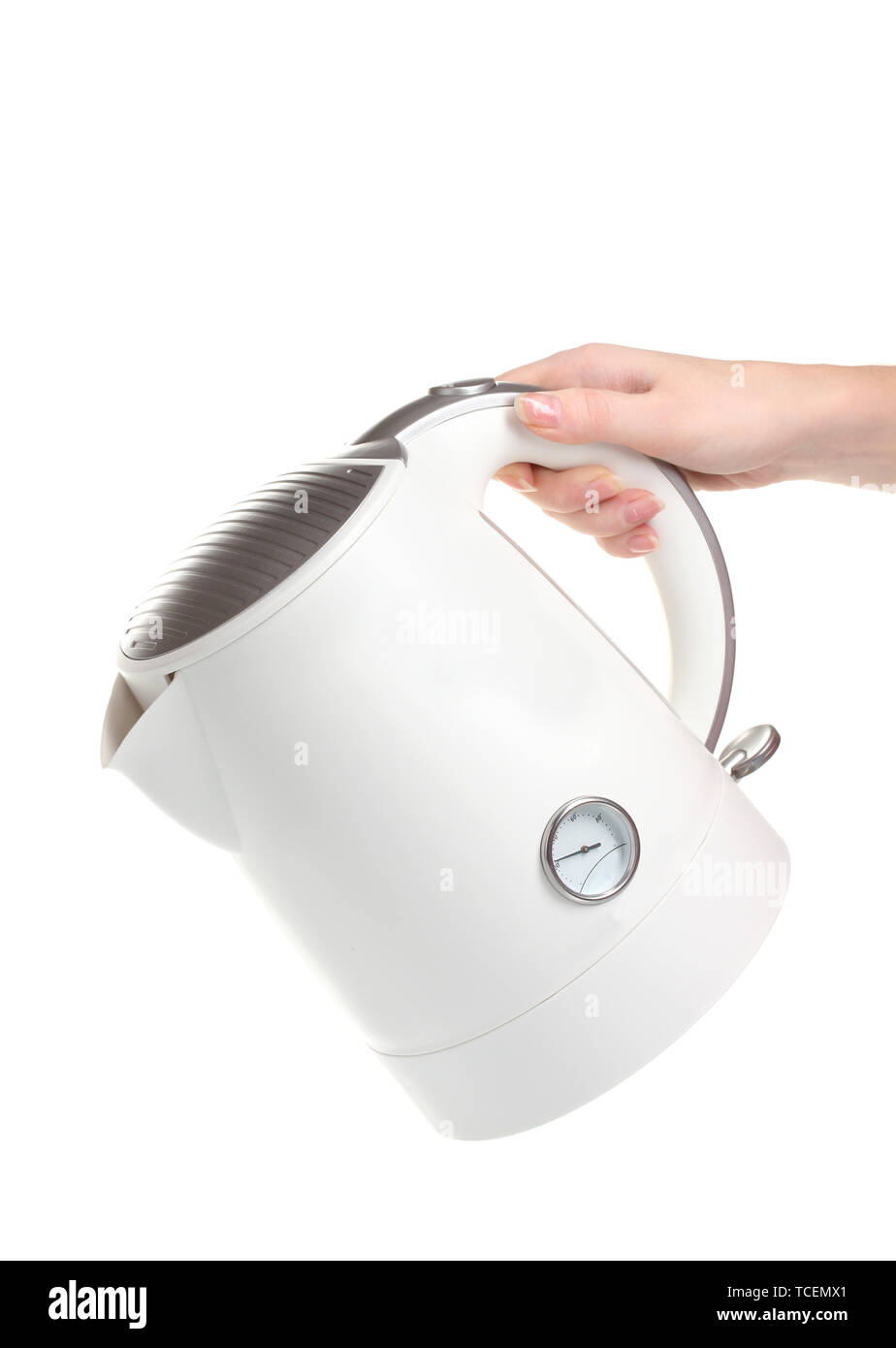 Womens hand and white electric kettle isolated on white Stock Photo - Alamy