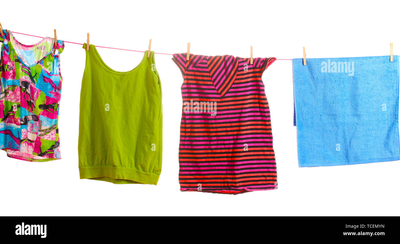 Clothes hanging on a rope isolated on white Stock Photo - Alamy