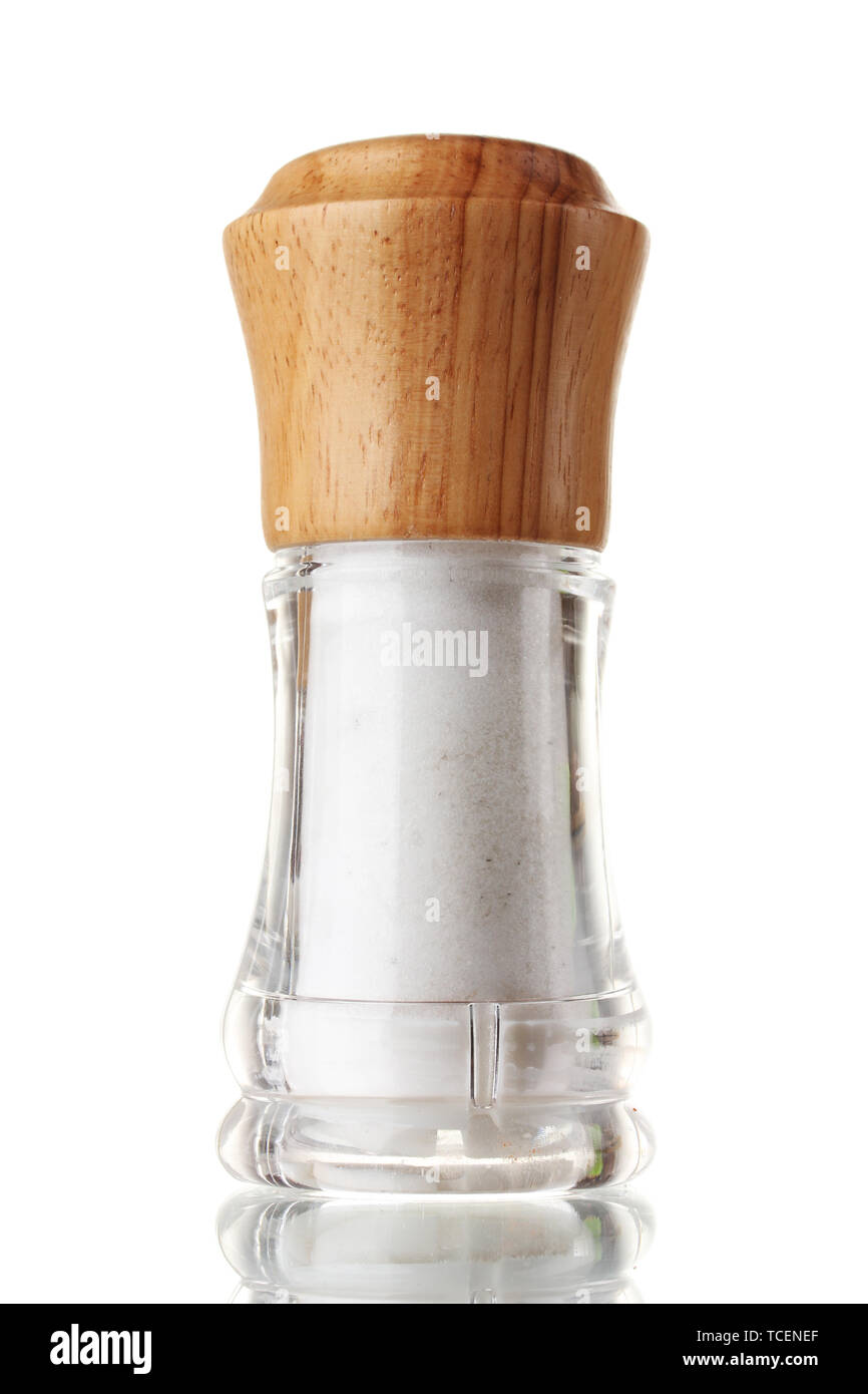 Salt cellar with salt isolated on white Stock Photo - Alamy