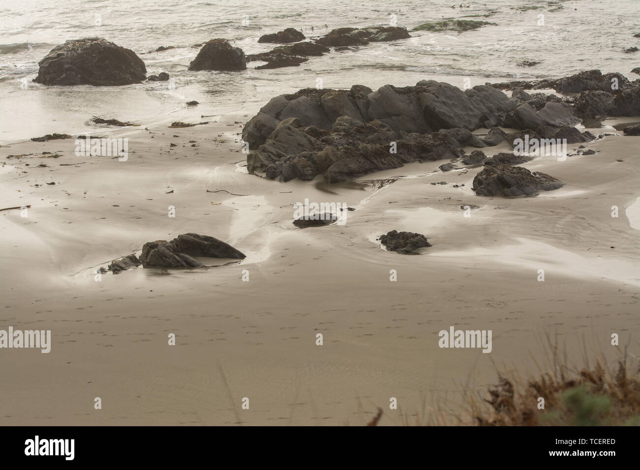 View of tranquil beach with sand and dark rocks sticking out of water ...