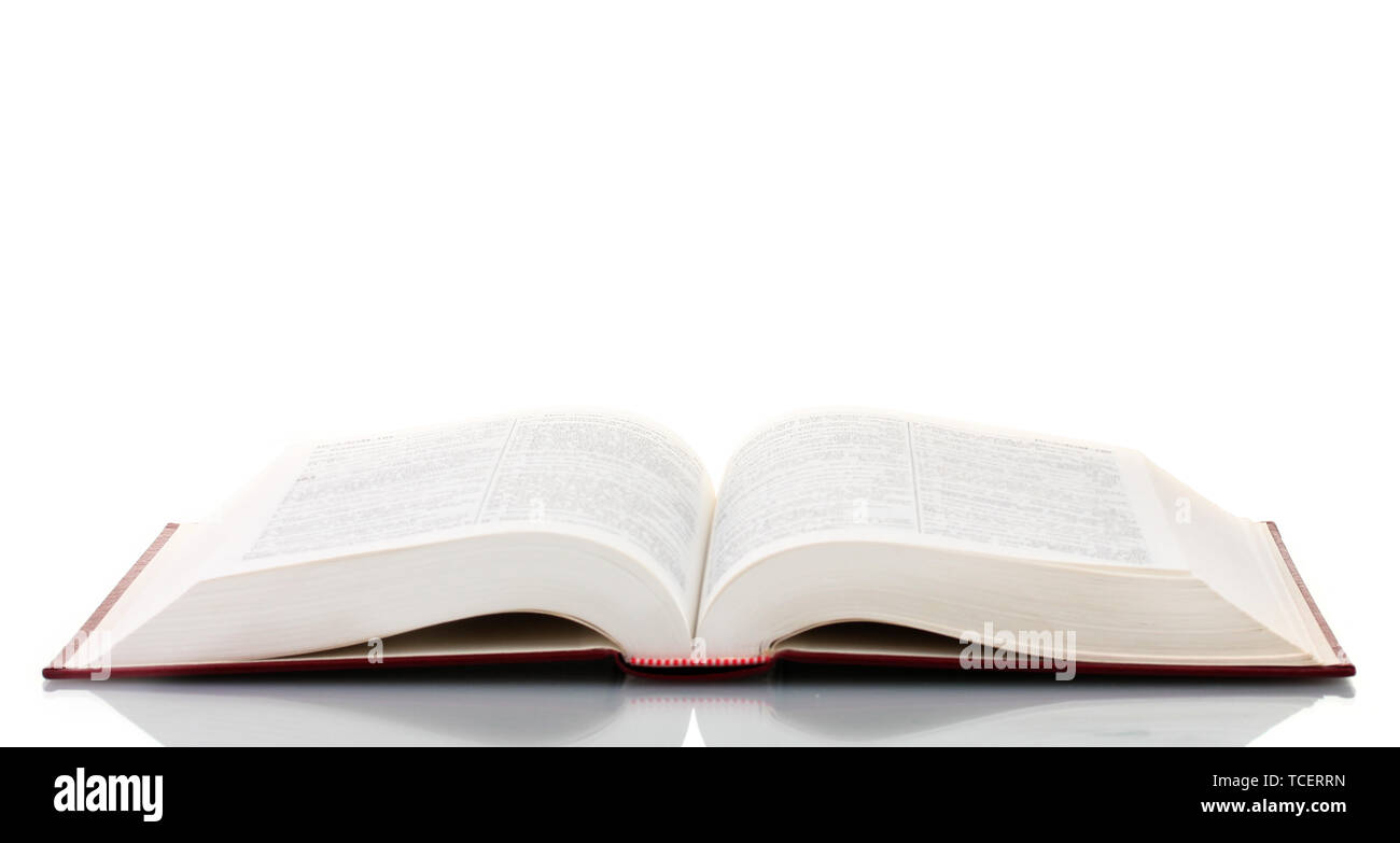 Open book on reflective surface isolated on white Stock Photo - Alamy