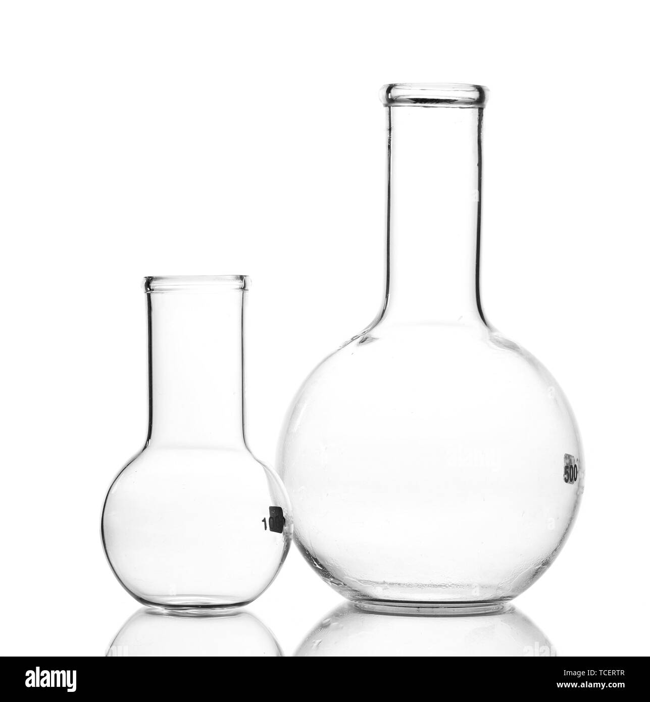 Two empty flasks with reflection isolated on white Stock Photo - Alamy